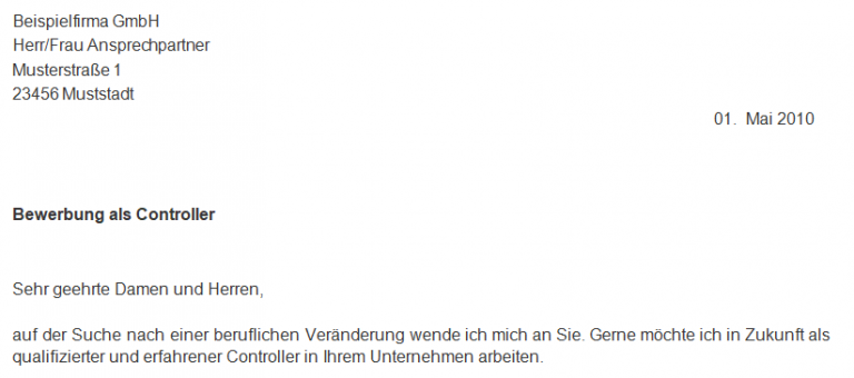 Bewerbungsschreiben als Controller / Controllerin | MeineBewerbung.net